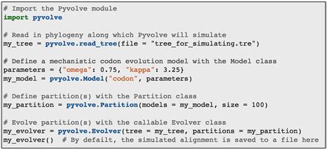 example code for a simple codon simulation in pyvolve this example