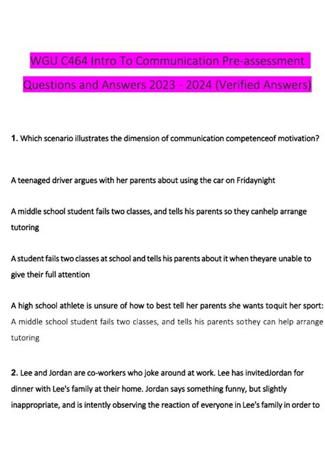 WGU C Intro To Communication Pre Assessment Questions And Answers Verified Answers