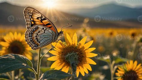 Butterfly Perched On A Sunflower In A Vibrant Field During Sunset