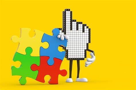 픽셀 핸드 커서 마스코트 사람 캐릭터 화려한 퍼즐의 네 조각과 함께 3d 렌더링 에 대한 스톡 사진 및 기타 이미지 개념 고름 Istock