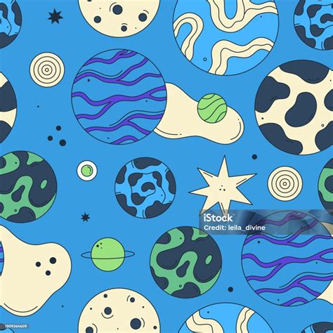 원활한 패턴 추상적 인 행성 별과 블루 벡터 그림 그루비 은하계 만화 공간 장난스럽고 초현실적인 스타일 사이키델릭 무드 강렬하고