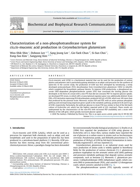 Pdf Characterization Of A Non Phosphotransferase System For Ciscis Muconic Acid Production