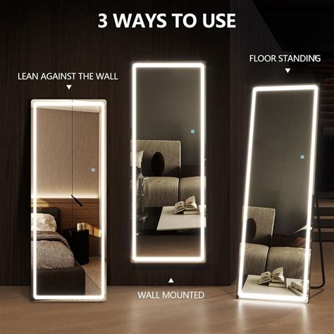 풀 렝스 미러 독립 플로어 스탠딩 미러 3 색 Led 조명 밝기 조절 가능 블랙 프레임 63 인치 X 20 인치 홈 가구