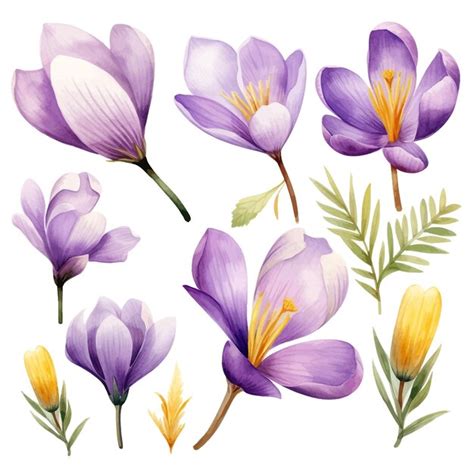 아름다운 수채화 사프란 크로커스 꽃 클리파트와 잎 수채화 꽃 요소 프리미엄 Ai 생성 벡터