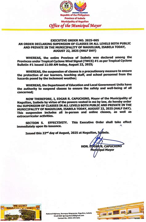 Local Annoucement Executive Order No 2025 005 An Order Declaring Suspension Of Classes In