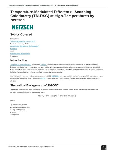 Pdf Temperature Modulated Differential Scanning Calorimetry Tm Dsc At High Temperatures By