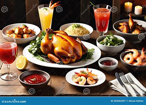 A Sumptuous Array Of Non Vegetarian Dishes Spread On A Rustic Wooden
