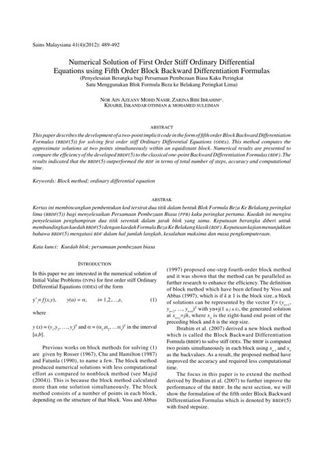 Pdf Numerical Solution Of First Order Stiff Ordinary Differential