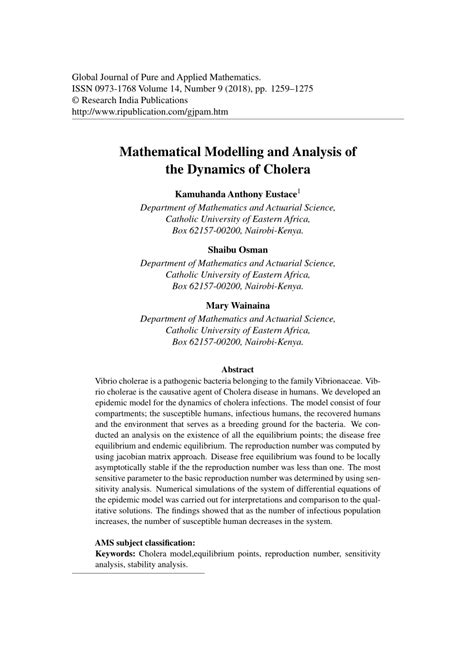 Pdf Mathematical Modelling And Analysis Of The Dynamics Of Cholera