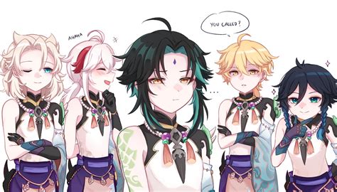 Aether Venti Xiao Kaedehara Kazuha And Albedo Genshin Impact Drawn By Kyou Danbooru