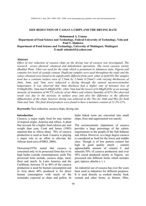 Pdf Size Reduction Of Cassava Chips And The Drying Rate