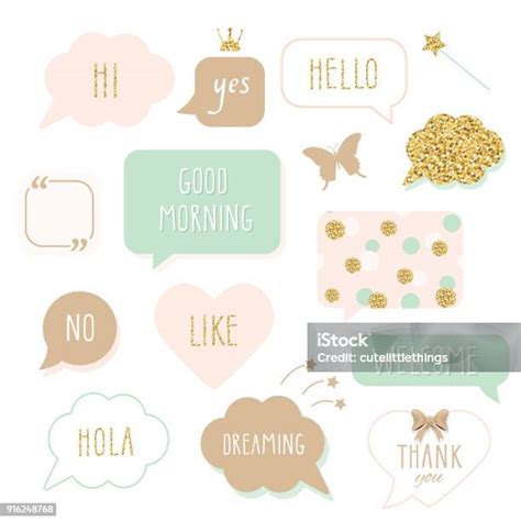 귀여운 음성 단어를 작성 하는 손으로 거품 눈 스티커는 파스텔 핑크와 골드 반짝이에 설정합니다 감사 합니다 좋은 아침 환영 하 고 글자를 안녕하세요 땡 땡이 패턴 견본에
