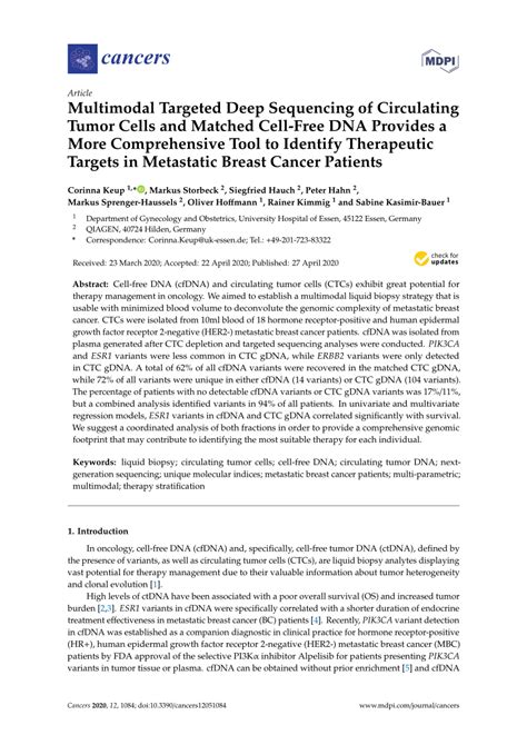 Pdf Multimodal Targeted Deep Sequencing Of Circulating Tumor Cells And Matched Cell Free Dna