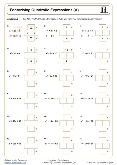 Factorising Quadratic Expressions C Worksheet Printable Pdf Worksheets