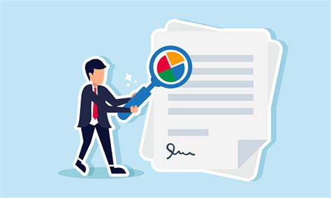 사업가가 파이 차트로 표시된 돋보기로 계약서를 검사하여 비즈니스 계약서의 이익 공유 또는 작업량 비율에 대한 검토를 보여줍니다 건축물에 대한 스톡 벡터 아트 및 기타 이미지