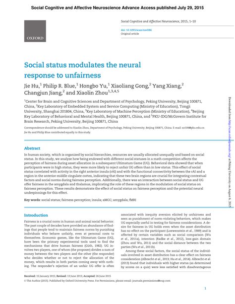 Pdf Social Status Modulates The Neural Response To Unfairness