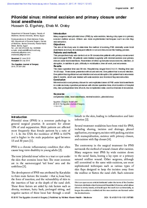 Pdf Pilonidal Sinus Minimal Excision And Primary Closure Under Local