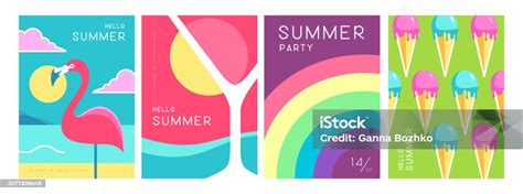 여름 속성을 가진 화려한 여름 포스터 세트입니다 칵테일 코스모 폴리탄 실루엣 플라밍고 아이스크림 무지개 벡터 일러스트 레이 션 여름에 대한 스톡 벡터 아트 및 기타 이미지