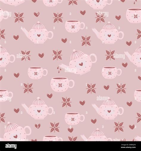 Hot Chocolate Seamless Pattern Vector Background Print In Light Pink And Brown Colors Stock