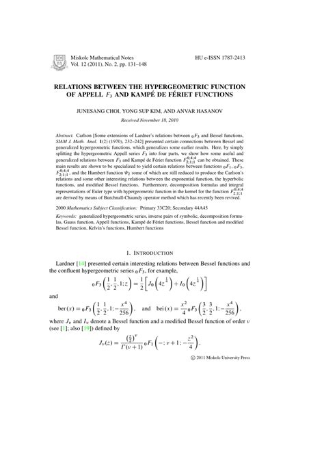 Pdf Relations Between The Hypergeometric Function Of Appell F 3 And Kampé De Fériet Functions