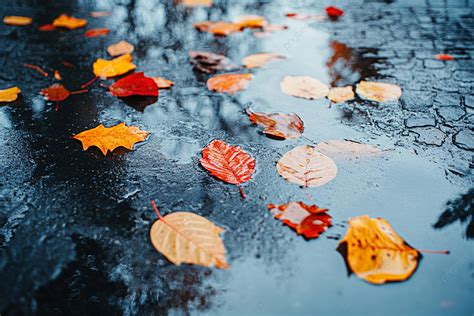 가을 빗방울 젖은 나뭇잎의 교향곡 가을 길 가을 배경 떨어진 잎사귀들 배경 일러스트 및 사진 무료 다운로드 Pngtree