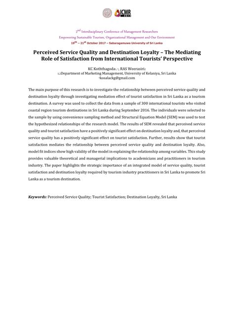 Pdf Perceived Service Quality And Destination Loyalty The Mediating Role Of Satisfaction