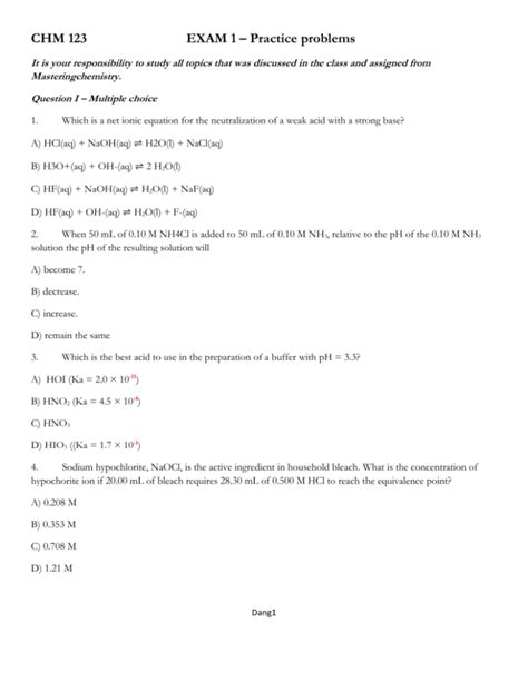 CHM Exam Practice Problems