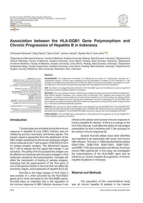 Pdf Association Between The Hla Dqb1 Gene Polymorphism And Chronic Progression Of Hepatitis B