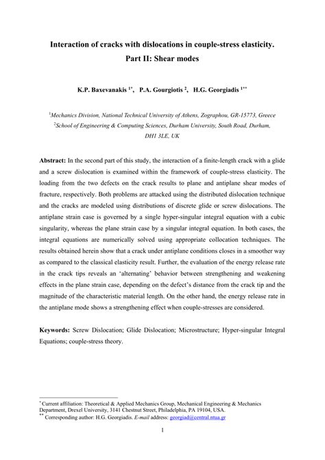 Pdf Interaction Of Cracks With Dislocations In Couple Stress Elasticity Part Ii Shear Modes