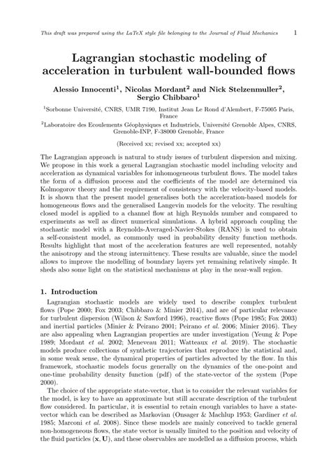 Pdf Lagrangian Stochastic Modeling Of Acceleration In Turbulent Wall Bounded Flows