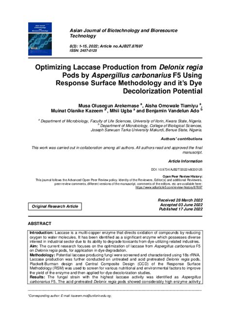 Pdf Optimizing Laccase Production From Delonix Regia Pods By Aspergillus Carbonarius F5 Using