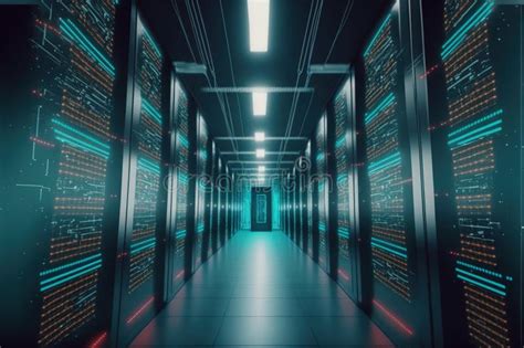 Corridor Of Data Center With Racks Of Server Computer For Cloud Computing Data Stock