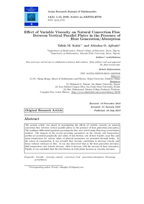 Pdf Effect Of Variable Viscosity On Natural Convection Flow Between Vertical Parallel Plates
