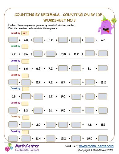 Counting By Decimals Counting On By 1dp Worksheet No3docx Worksheets Math Center