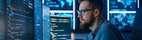 A Focused Male Programmer Working On Multiple Screens Immersed In Coding And Technology In A
