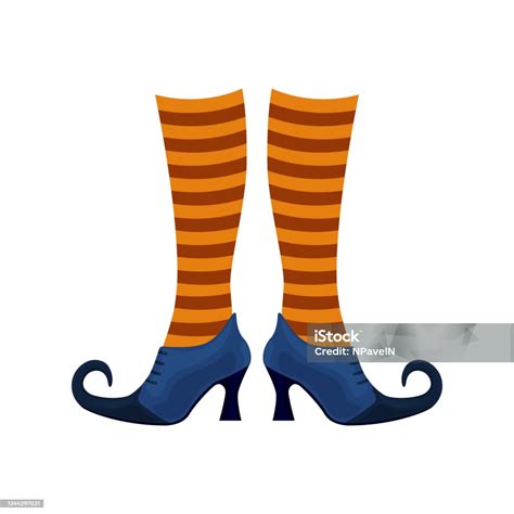 줄무늬 오렌지 양말에 뾰족한 코가 있는 라일락 색상의 마녀 부츠 마녀 신발 할로윈의 상징 흰색 배경에 격리된 벡터 그림 0명에 대한 스톡 벡터 아트 및 기타 이미지 Istock