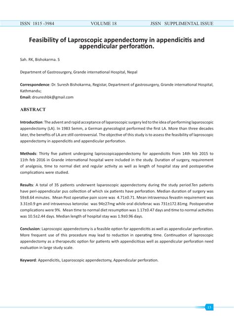 Pdf Feasibility Of Laproscopic Appendectomy In Appendicities And Appendicular Perforation