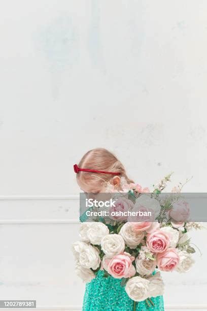여름 드레스에 귀여운 어린 소녀는 흰색 벽 근처에 꽃의 큰 꽃다발을 보유하고있다 스튜디오 글래머 샷 3월에 대한 스톡 사진 및 기타 이미지 Istock