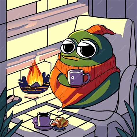 A Tiny Pepe The Frog Sipping Tea Wearing A Cozy Knit Sweater By The Fireplace Vector