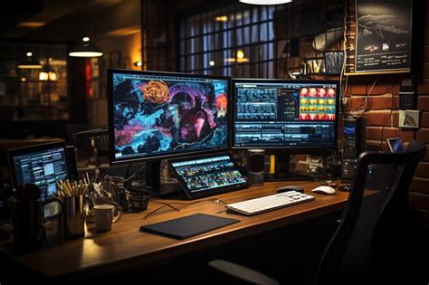 Triplemonitor Workstation Multifaceted Data Analysis In Realtime Premium Ai Generated Image