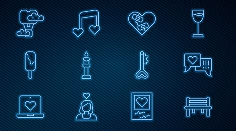 세트 라인 로맨틱 벤치 말풍선에 하트 치유 된 깨진 마음 불타는 촛불 아이스크림 열기구 키 모양 및 음악 노트 하트 아이콘으로 톤 벡터 3월에 대한 스톡 벡터 아트 및 기타