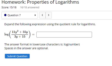 solved homework properties of logarithms score 15 1816 18