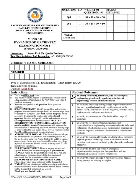 Midterm Exam Questions On Dynamics Of Machinery Pdf Engineering