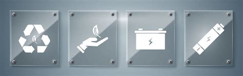 배터리 자동차 배터리 새싹을 환경 보호 및 재활용 기호와 잎에 넣습니다 정사각형 유리 패널 벡터 개념에 대한 스톡 벡터 아트 및