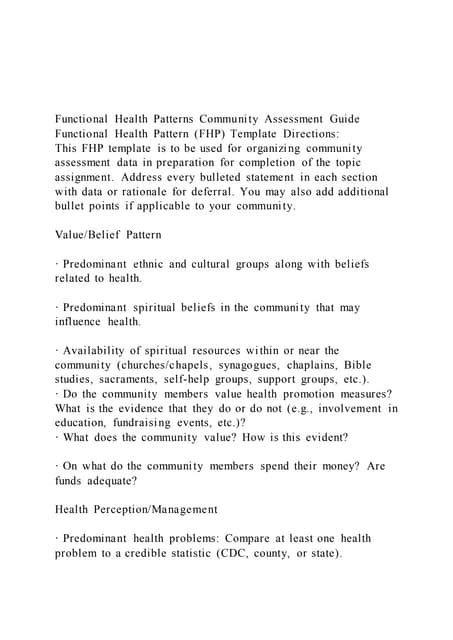Functional Health Patterns Community Assessment Guidefunctio Docx