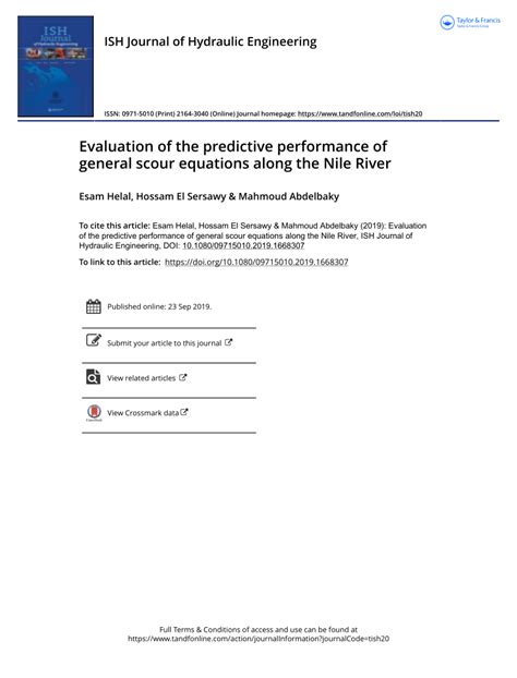 Pdf Evaluation Of The Predictive Performance Of General Scour Equations Along The Nile River