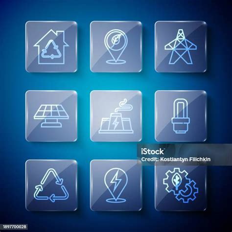 라인 재활용 기호 번개 볼트 잎 식물 기어 기계 전기 타워 발전소 공장 태양 에너지 패널 재활용 및 Led 전구 아이콘이있는 에코 하우스를 설정합니다 벡터 Friendly