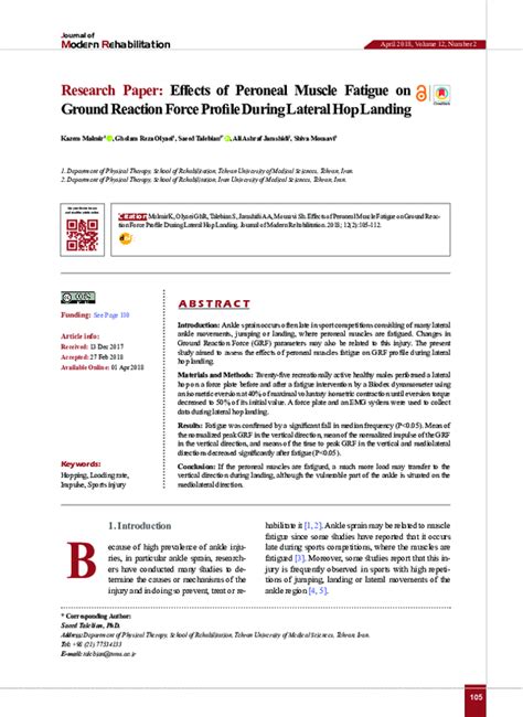 Pdf Effects Of Peroneal Muscle Fatigue On Ground Reaction Force Profile During Lateral Hop Landing