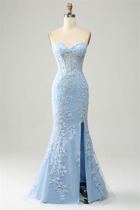 Queendancer Women Light Blue Formal Dress Mermaid Sweetheart Corset