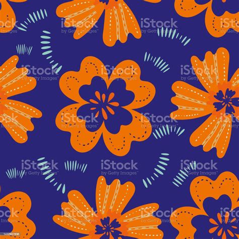 야생화 이음새가 없는 벡터 패턴 배경 열대 색 양식화 된 초원 꽃 배경 현대 민속 예술 스티치 효과 스타일 손으로 그린 식물 디자인 정원 꽃 코티지 코어 미학 곤색에 대한